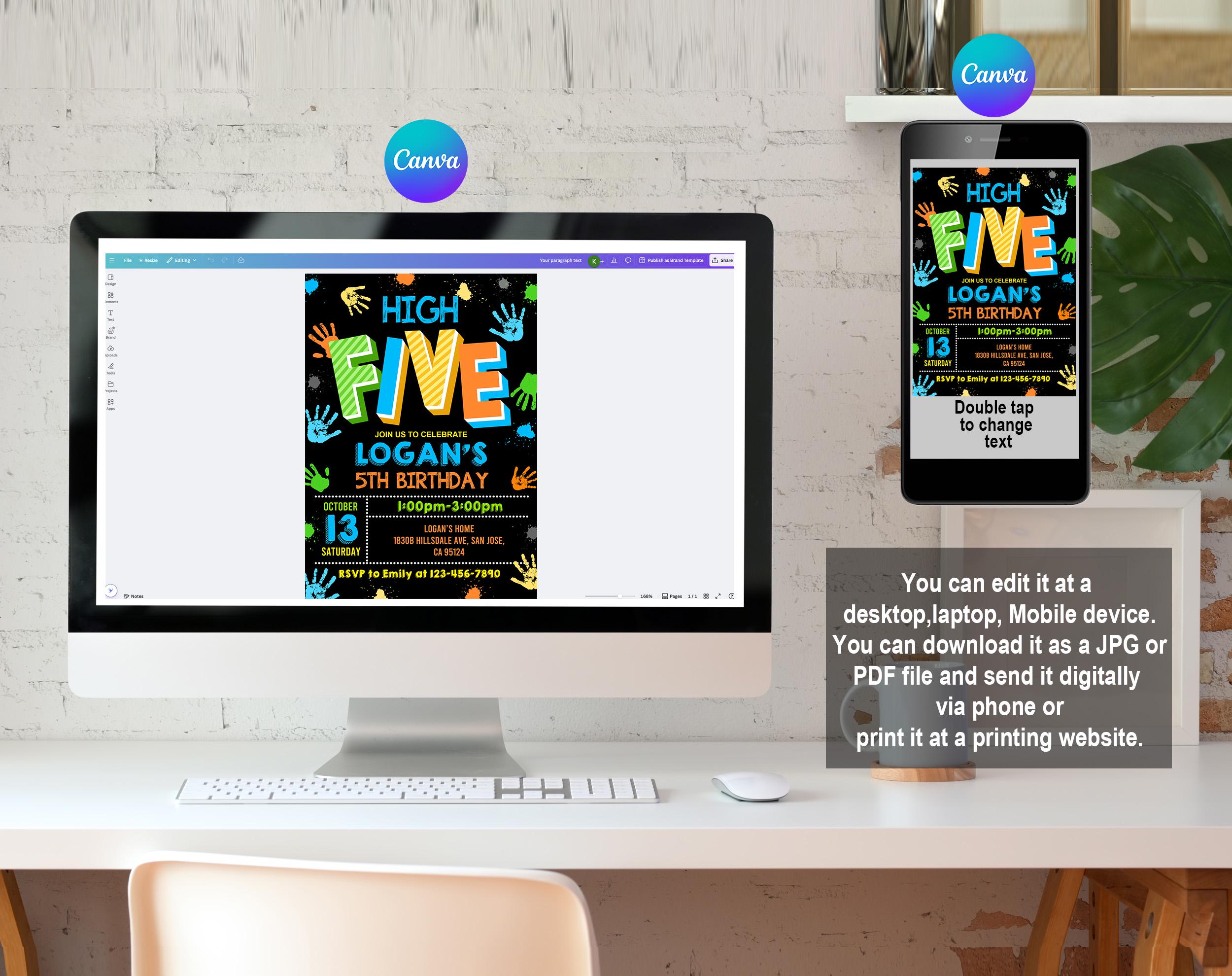 5th Birthday Invitation: High Five Theme - Editable Canva Bir539 - Etsy