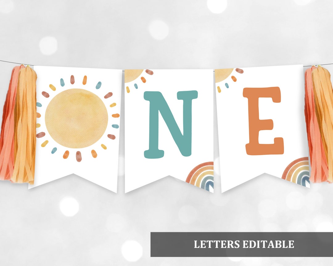 Boho Sunshine Birthday Banner - Rainbow Sun Girl, Editable Download ...