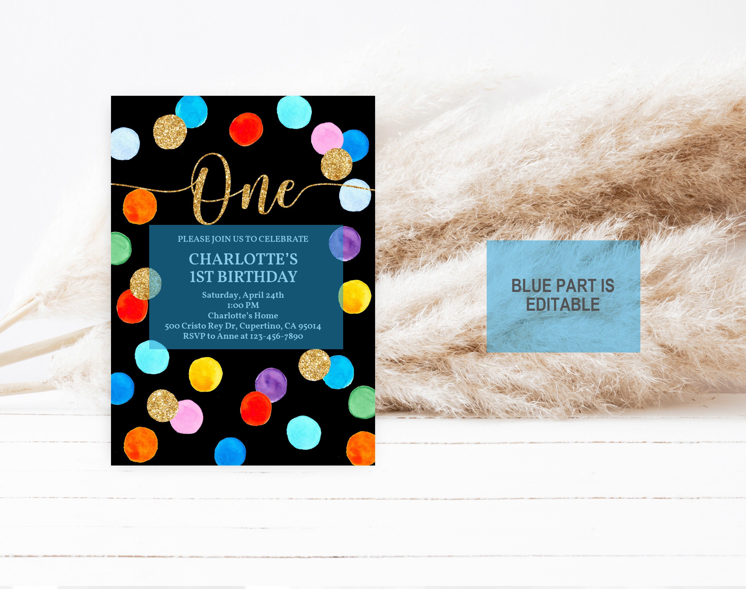 Rainbow Polka Dot Birthday Invitation - Editable Digital Download Bir57 ...