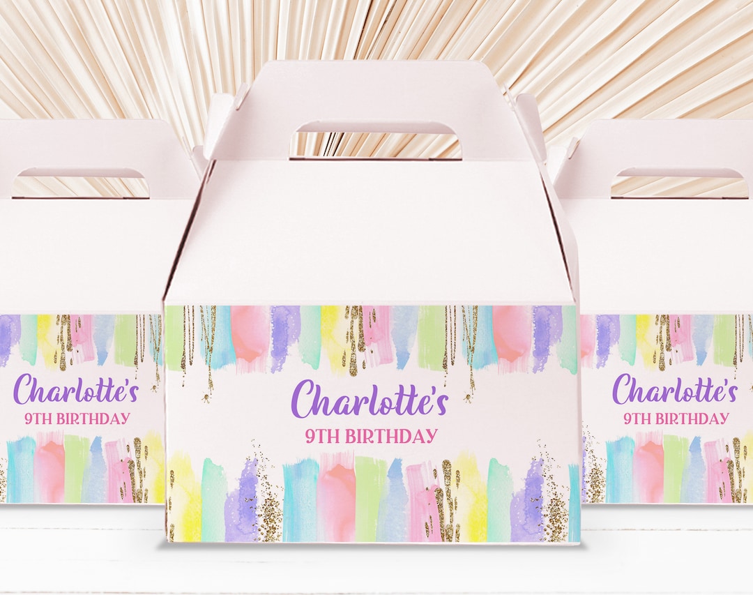 Gable Box Labels: Editable Art Birthday Favors - Pastel Rainbow Design ...