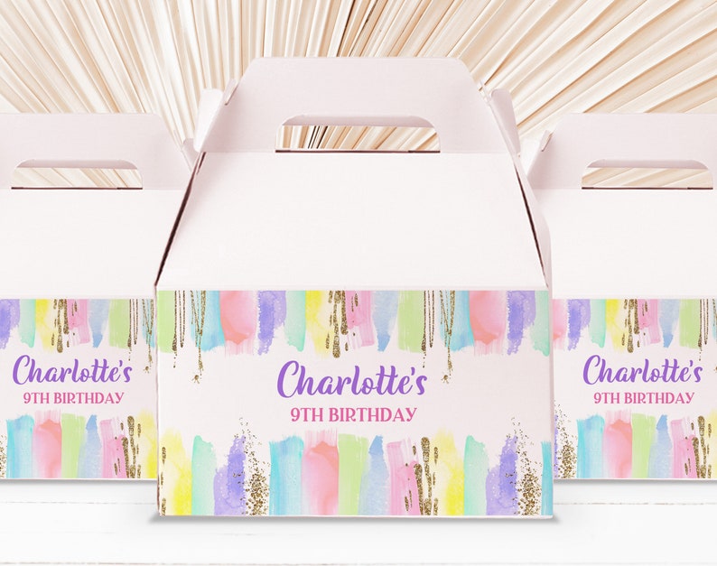 Gable Box Labels: Editable Art Birthday Favors - Pastel Rainbow Design ...