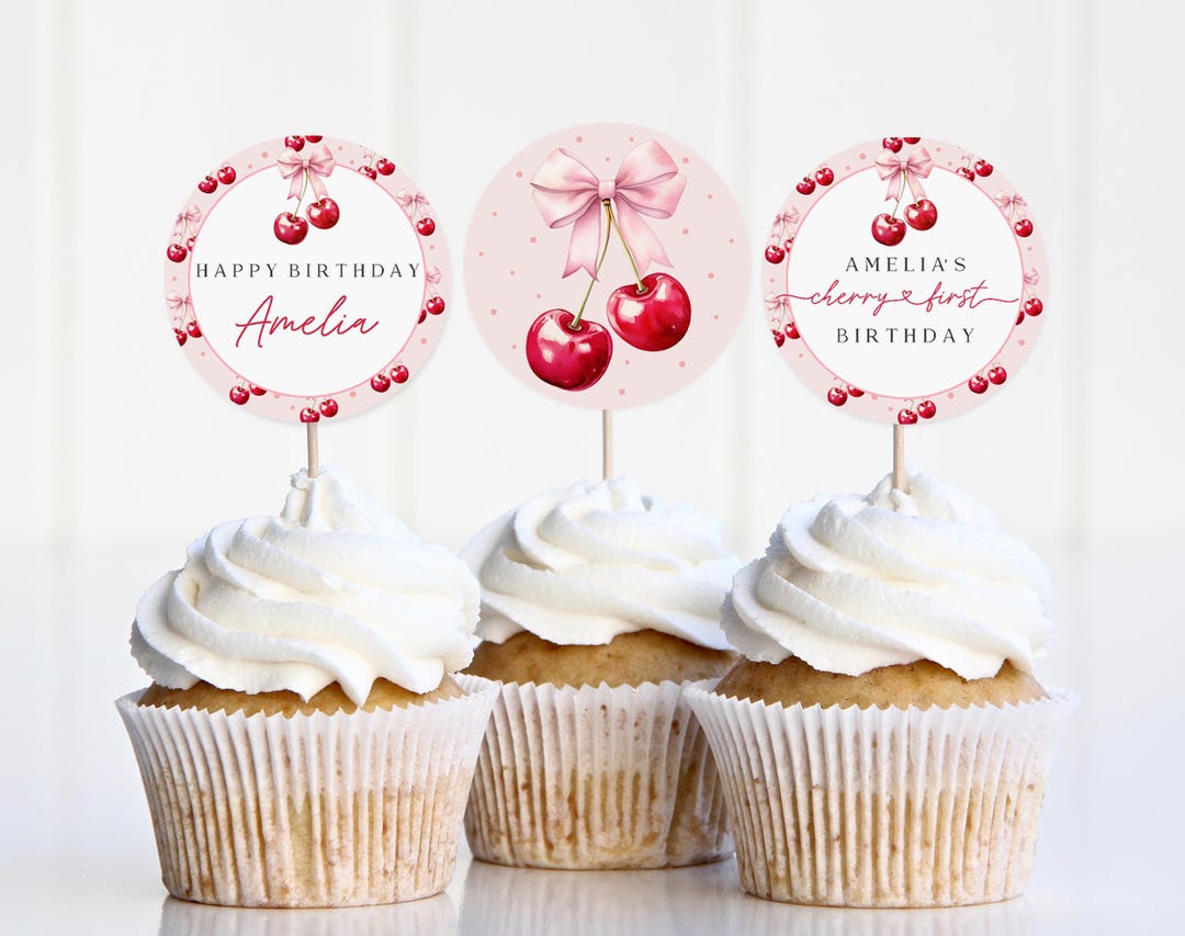 Cherry Cupcake Toppers, Printable Party Decor (girl First Birthday ...