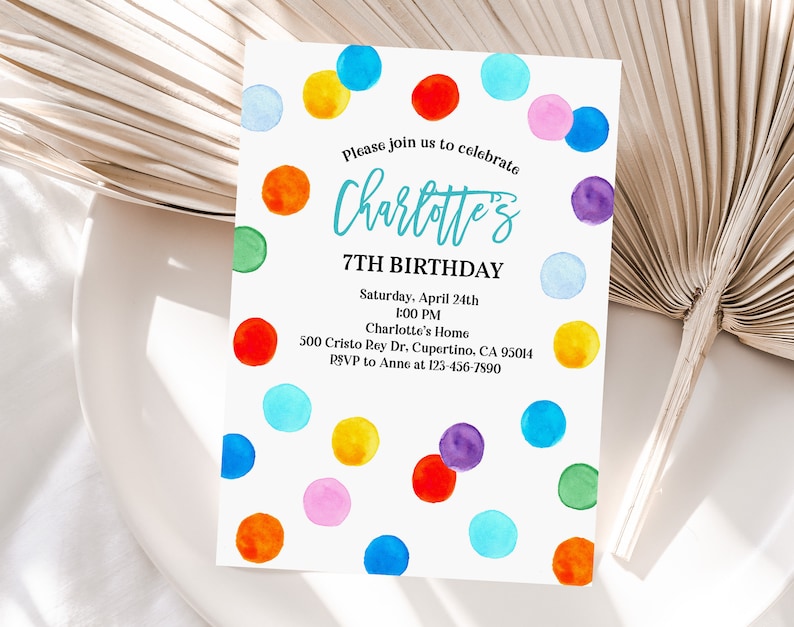 Rainbow Polka Dot Birthday Invitation Watercolor Spots - Etsy
