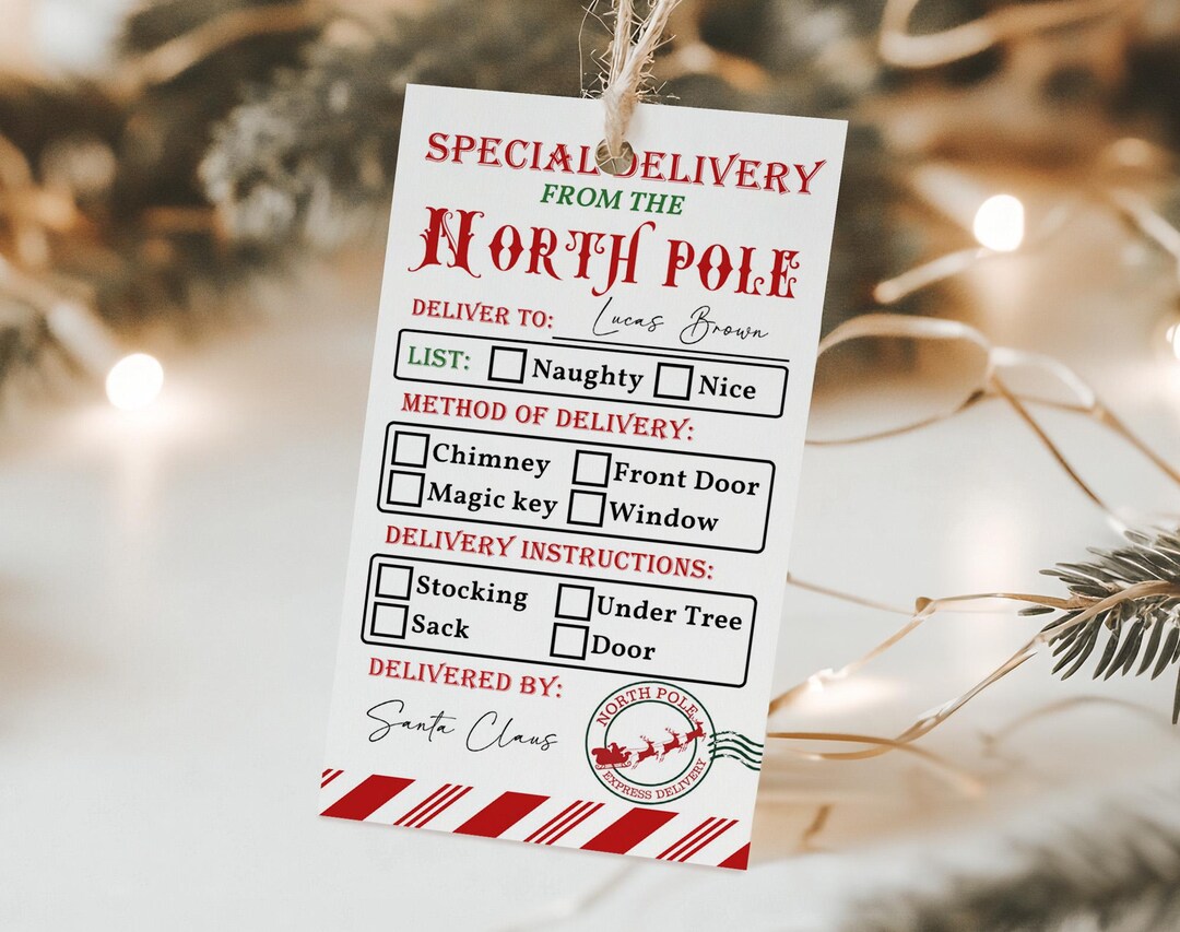 North Pole Special Delivery Tag Template Editable Santa Gift Tags North ...
