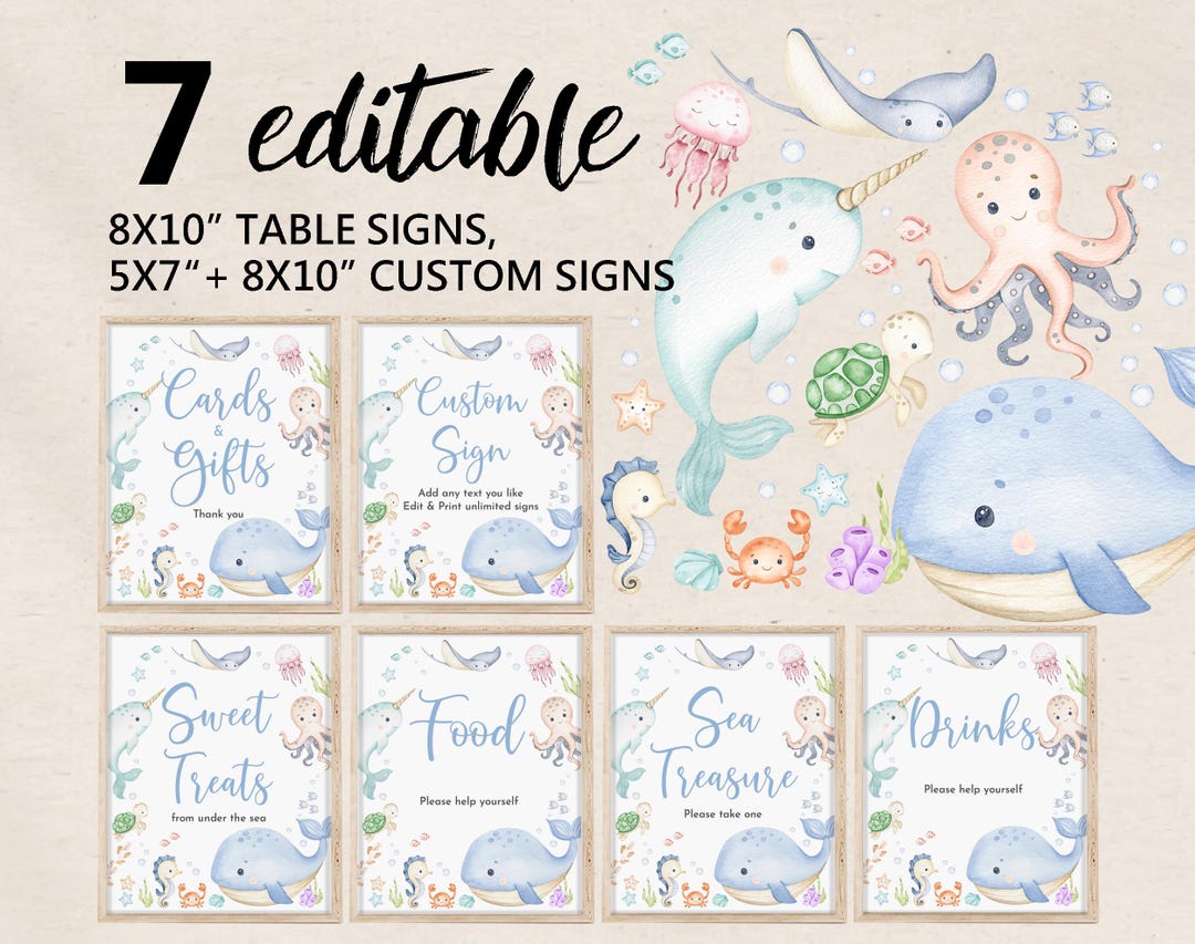 Under the Sea Party Table Sign Bundle Sea Animals Cards and Gifts Favor ...