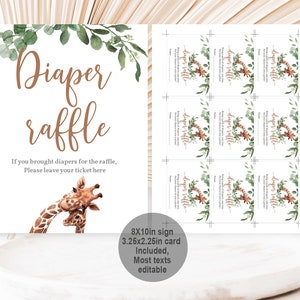 Giraffe Baby Shower Diaper Raffle Sign Ticket Safari Animals Diaper ...