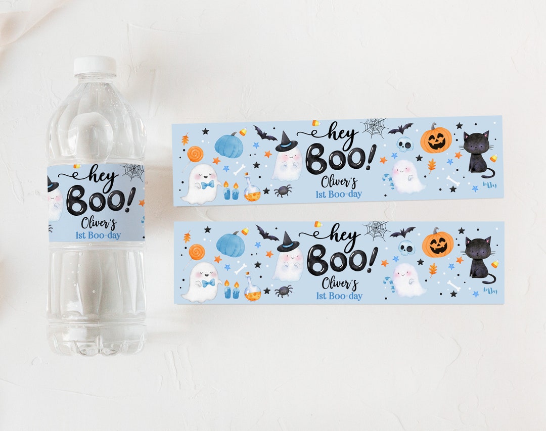 Blue Ghost Halloween Water Bottle Labels: Editable Birthday Wraps Hab3 ...