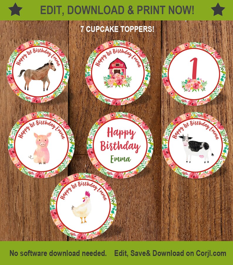 Farm Birthday Cupcake Toppers Farm Party Label Sticker - Etsy