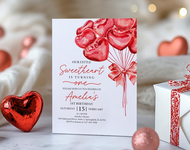 First Birthday Invitation: Valentine's Heart Balloons - Editable ...