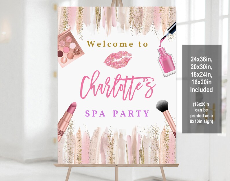 Spa Party Welcome Sign - Editable Pink and Gold Makeup Birthday Poster ...