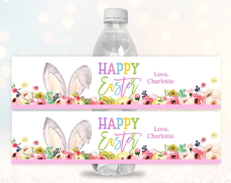 Easter Bunny Water Bottle Label, Pink Floral (editable Printable ...