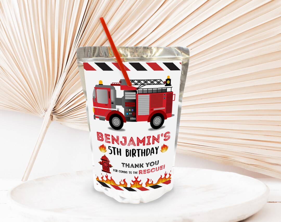 Editable Fire Truck Party Juice Pouch Labels Firefighter Birthday Juice ...