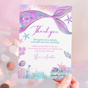 Mermaid Thank You Card Sea Thank You Note Purple Gold Teal Thank You ...