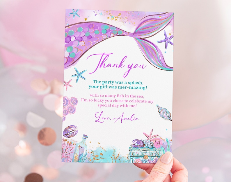 Thank You Card: Mermaid Theme Purple Gold Teal - Editable 1st Birthday ...