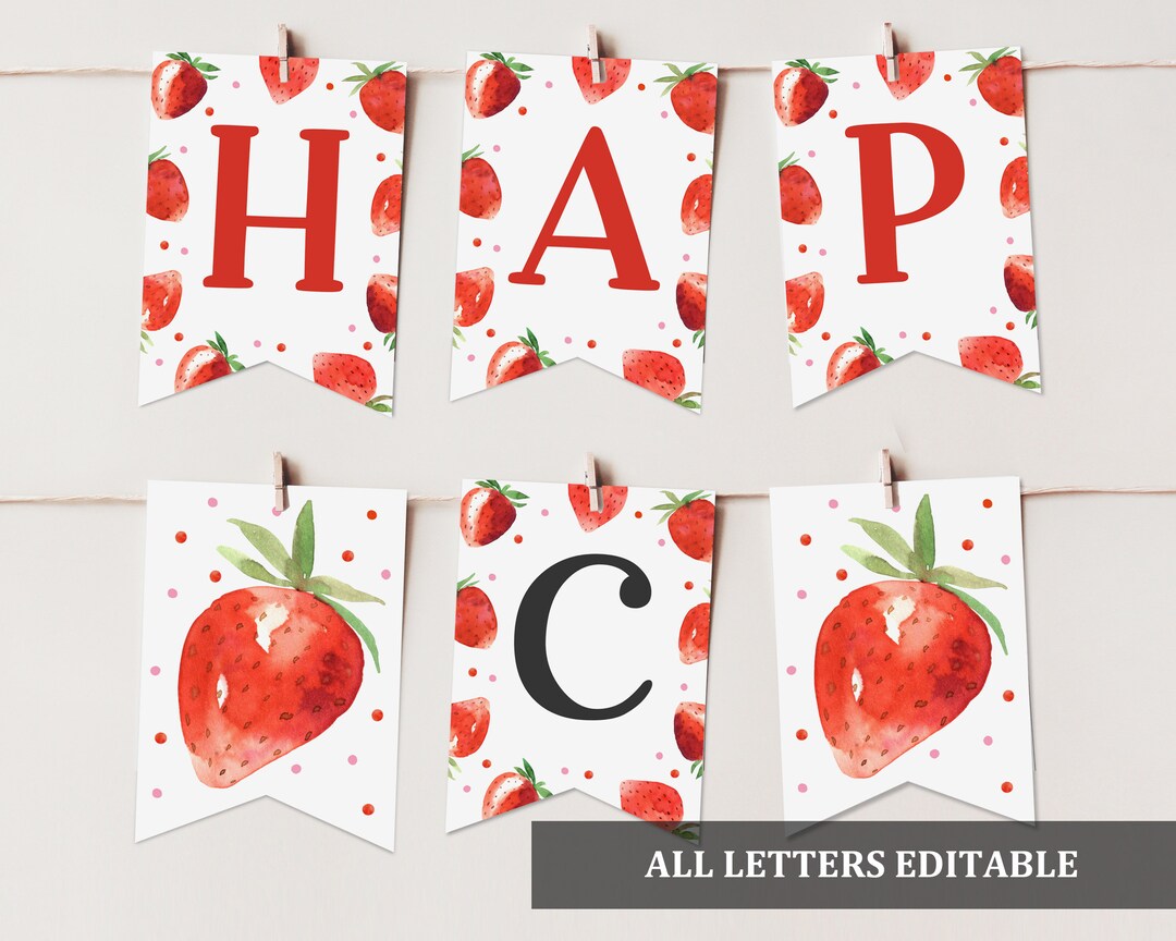 Strawberry Birthday Banner: Editable Berry Sweet 1st Girl Decor Bir278 ...