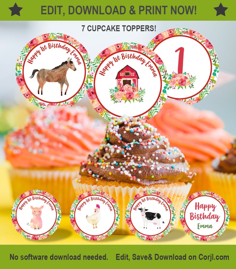 Farm Birthday Cupcake Toppers Farm Party Label Sticker - Etsy