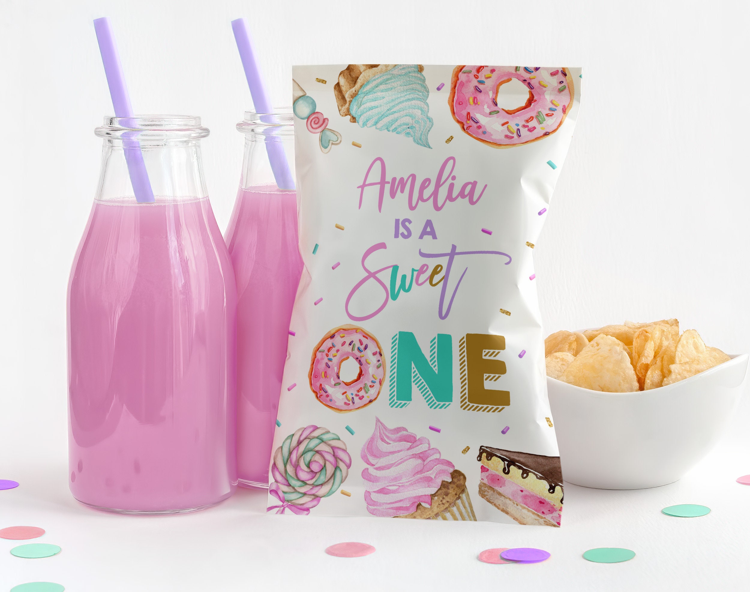 Sweet One Birthday Favor: Pastel Sweets Chip Bag (printable, Editable ...
