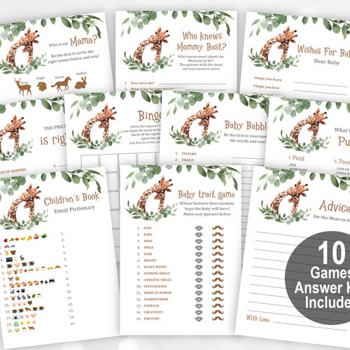 Editable Giraffe Baby Shower Game Bundle Greenery Giraffe - Etsy