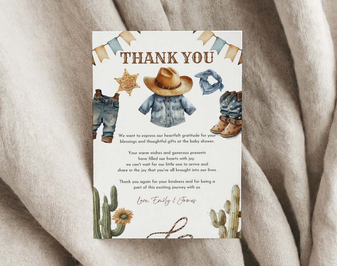 Rustic Little Cowboy Thank You Card: Editable Western Baby Shower ...