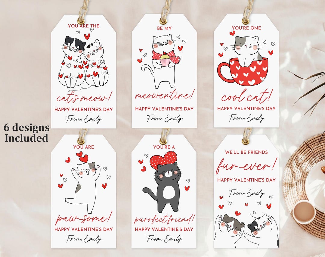 Printable Cat Valentine's Day Tags Classroom Valentine's Day Cards for ...