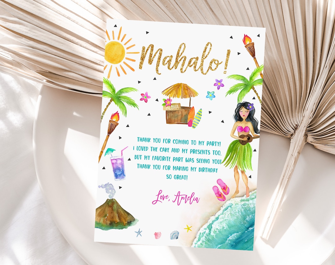 Hawaiian Birthday Thank You Card Tropical Thank You Note Printable Luau ...