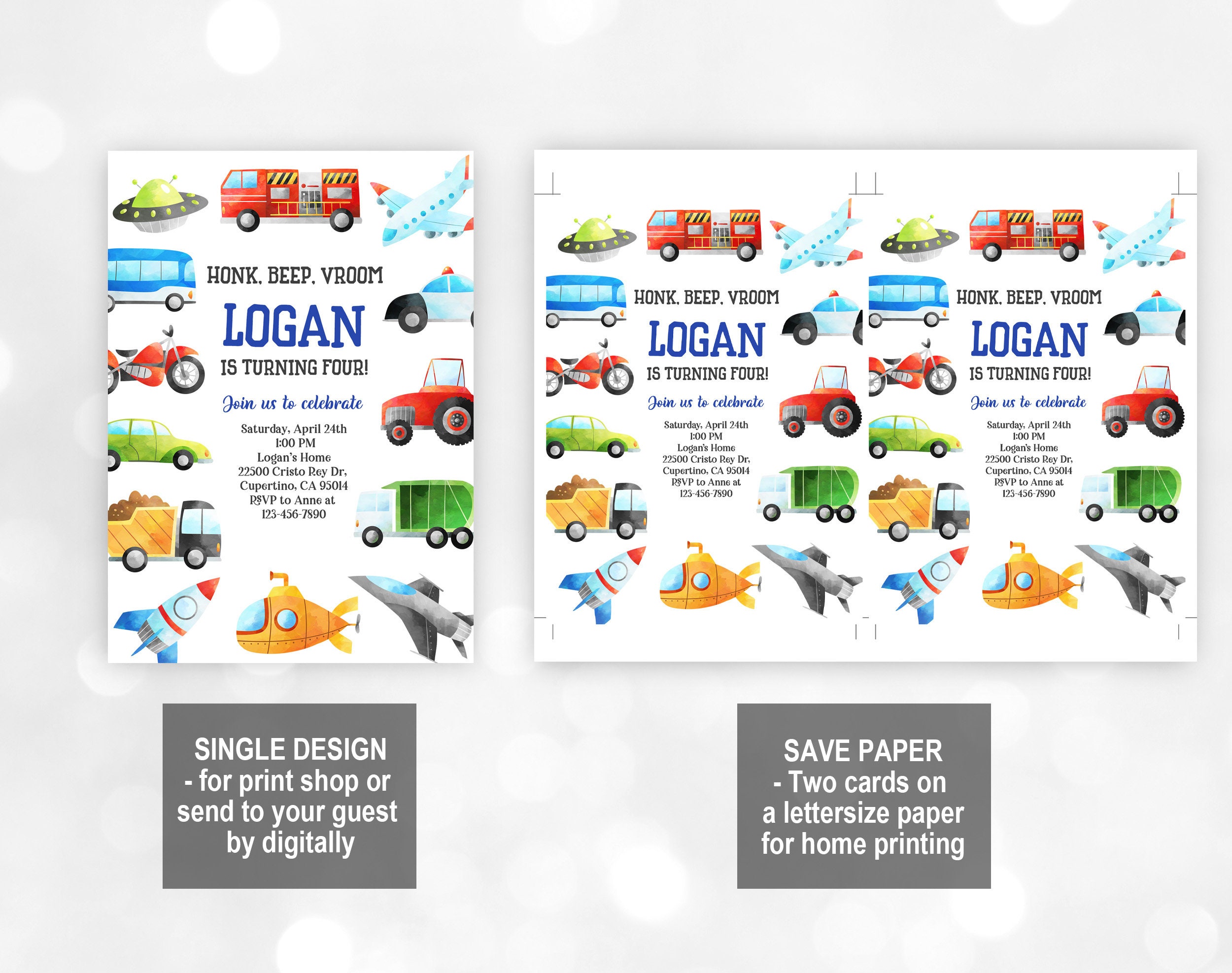 Transportation Birthday Invitation Vehicle Party Invite Cars - Etsy