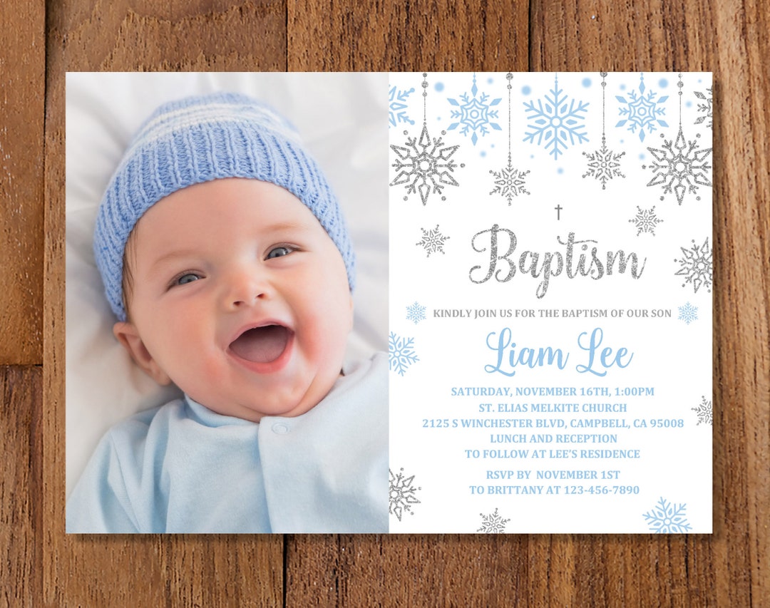Boy Snowflake Baptism Photo Invitation Winter Baby Boy Baptism Invite ...