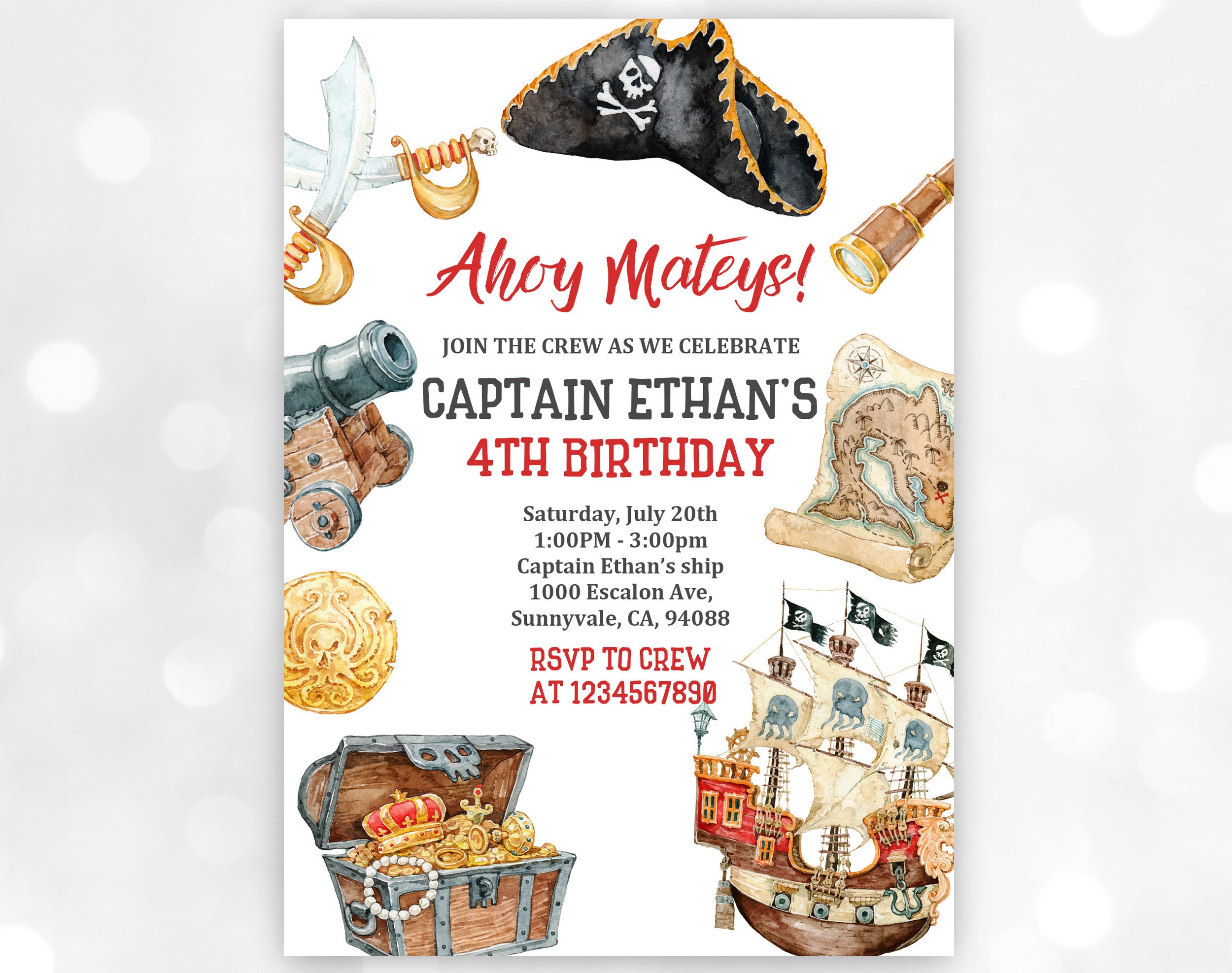 Ahoy Matey Pirate Invitation Treasure Map Invitation Captain Pirate ...