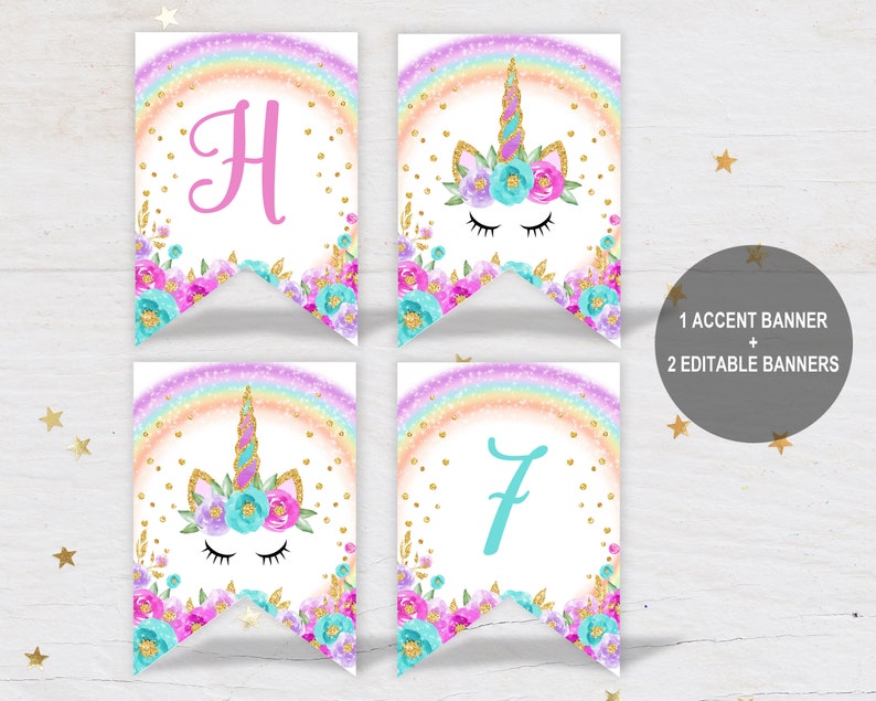 Rainbow Unicorn Birthday Banner: Editable Printable Party Decor Bir ...