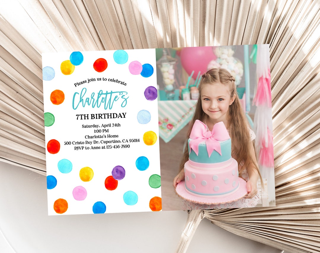Rainbow Polka Dot Birthday Invitation (editable Photo Template Bir55 ...