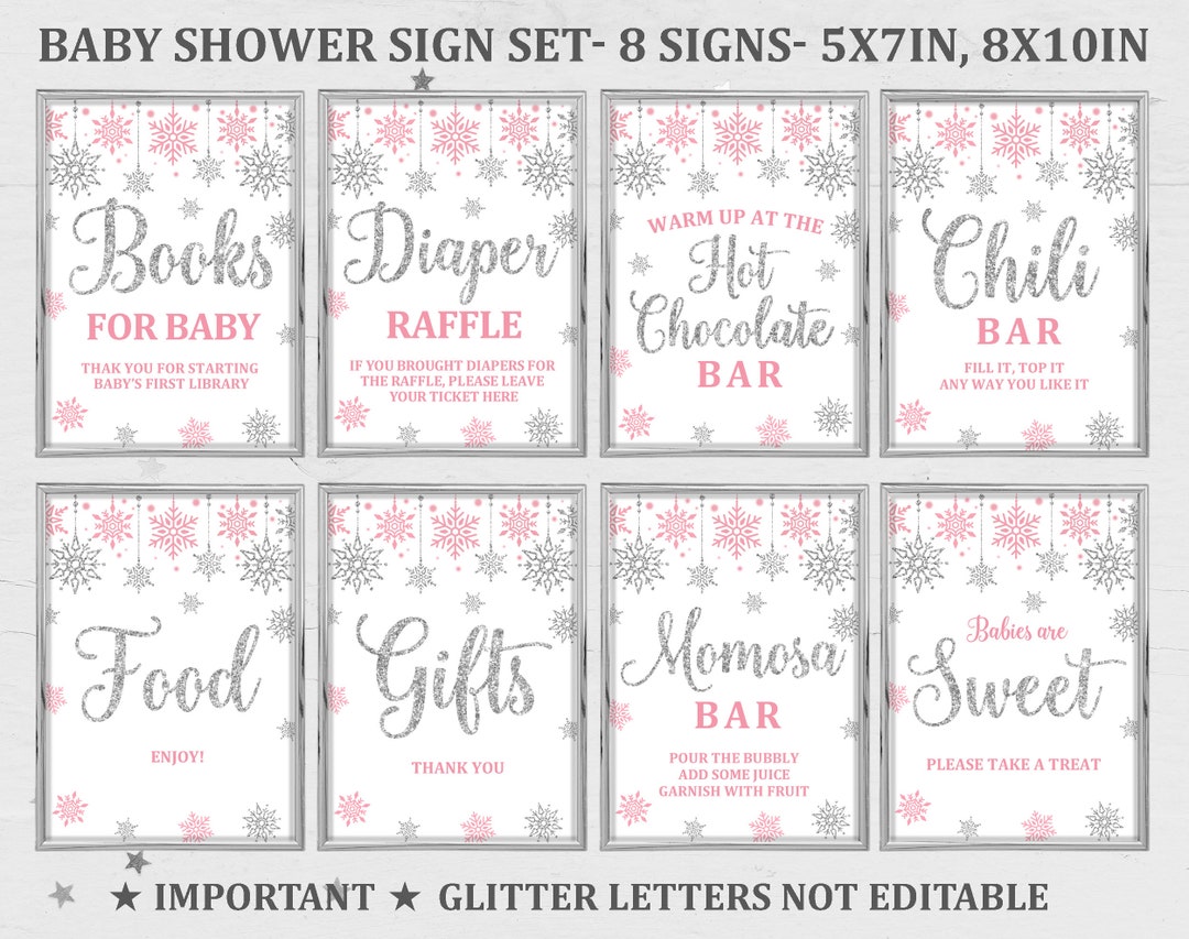 Winter Baby Shower Sign Set: Pink Silver Glitter Snowflake Decor Bab59 ...