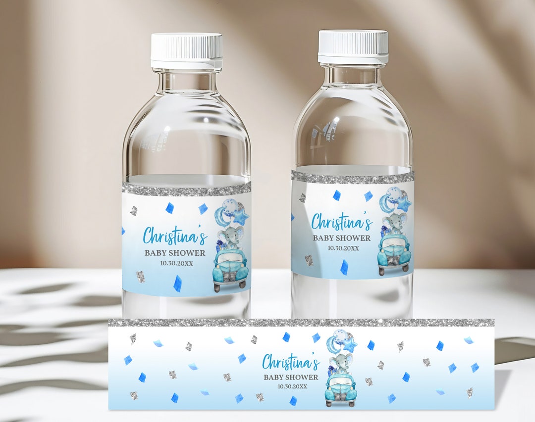 Baby Shower Water Bottle Label: Elephant Blue Silver Confetti (editable ...