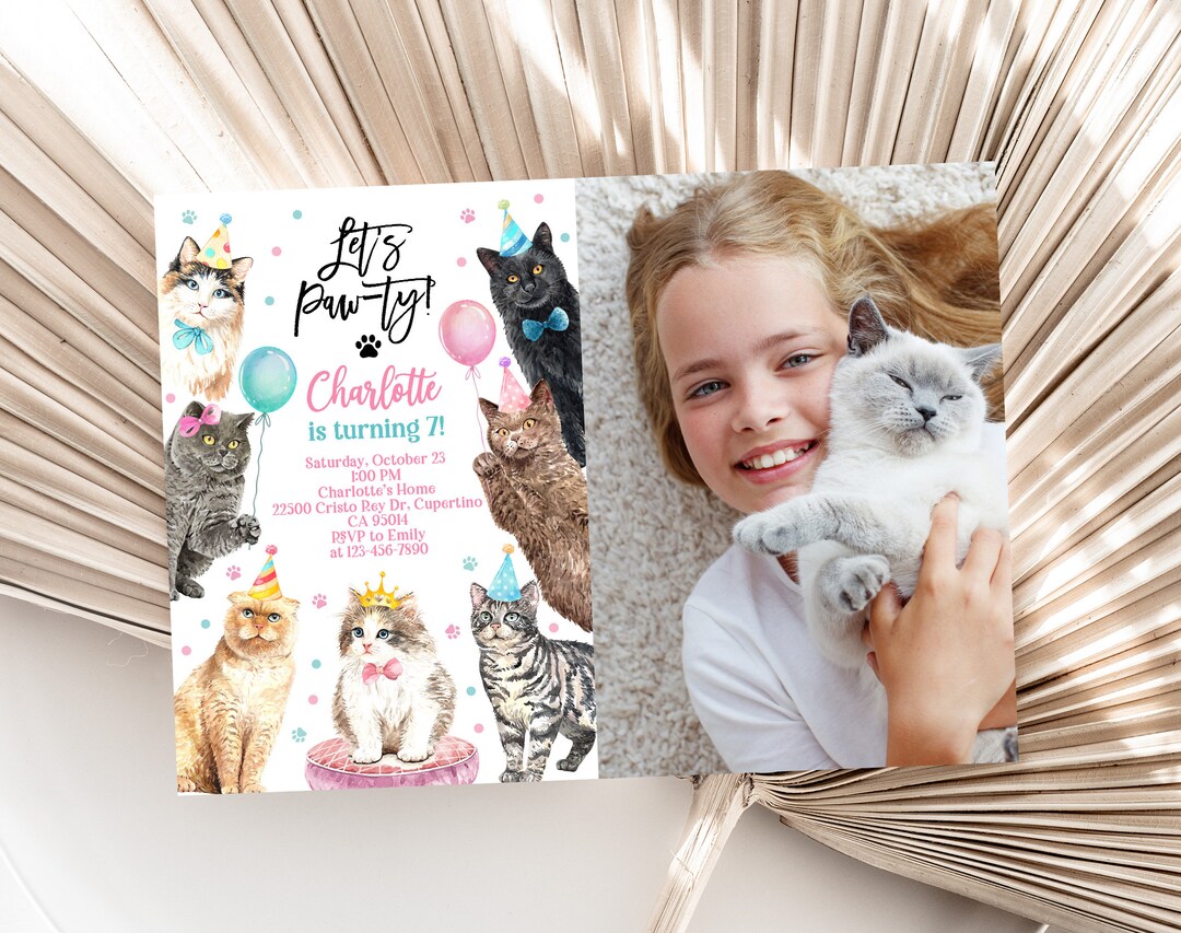 Cat Birthday Photo Invitation Cats Party Invite Kitten Invite - Etsy