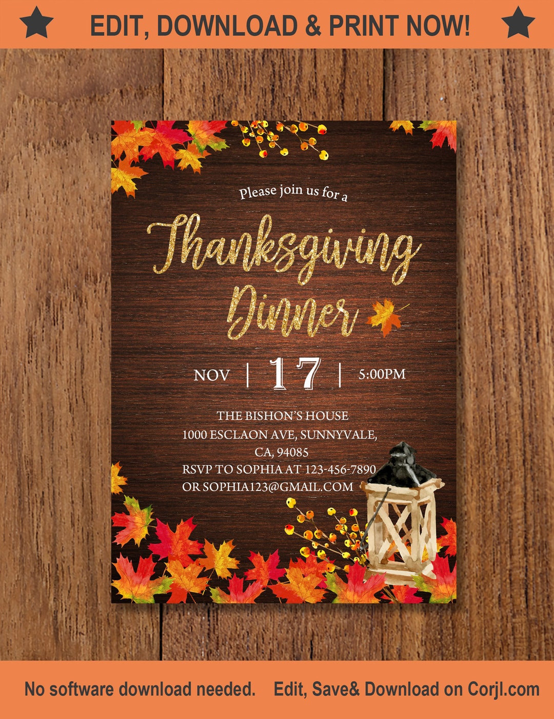 Thanksgiving Party Invitation, Rustic Maple Leaf Lantern (5x7in ...