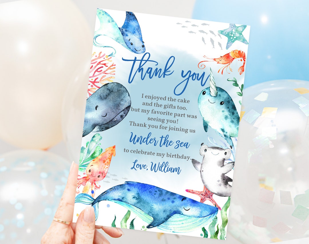 Sea Thank You Card Whale Thank You Note Ocean Birthday Party Note Sea ...