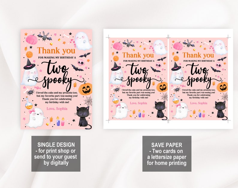 Halloween Birthday Thank You Card, Pink Ghosts Two Spooky (editable ...