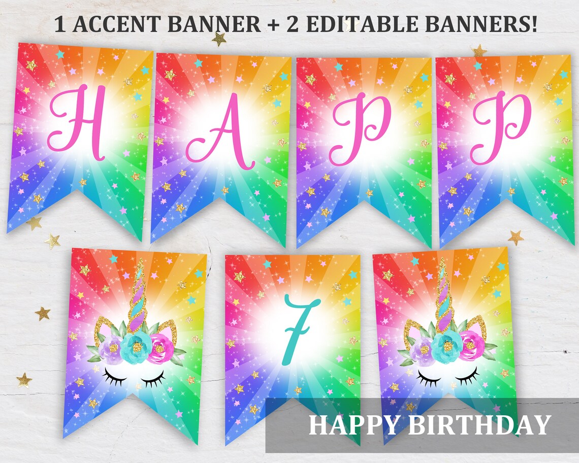 Rainbow Unicorn Birthday Banner Printable/ EDITABLE/ INSTANT - Etsy