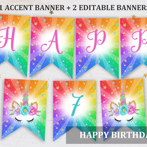 Rainbow Unicorn Birthday Banner Printable/ EDITABLE/ INSTANT - Etsy