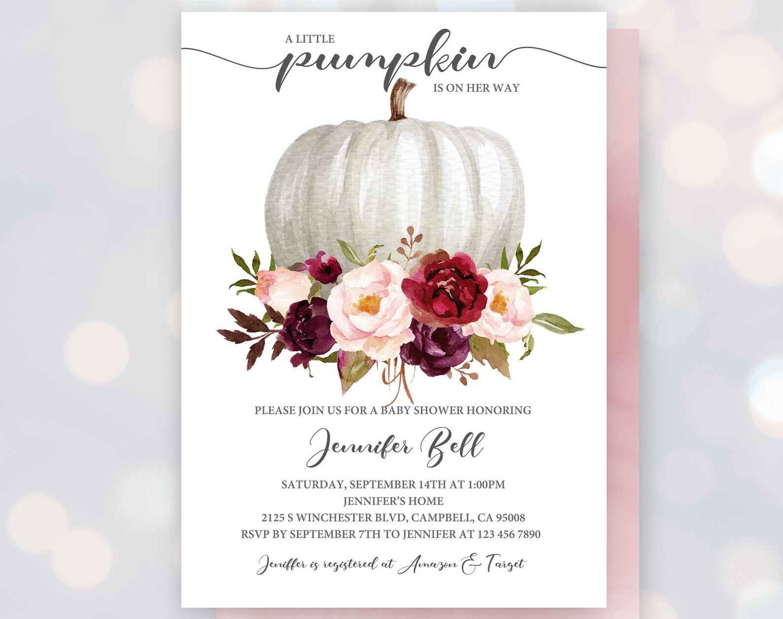 Boho Pumpkin Baby Shower Invitation, Marsala Floral (editable Template Bab105) - Etsy