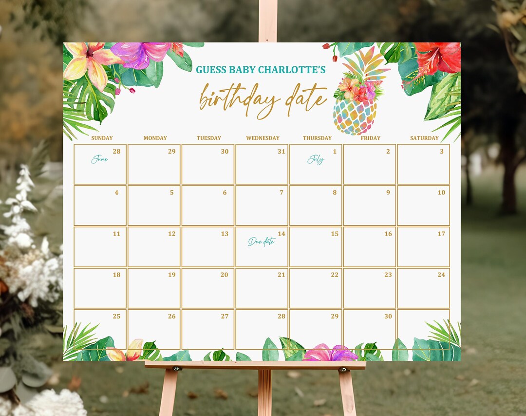 Aloha Baby Shower Calendar - Pineapple Tropical Due Date Guessing Game ...
