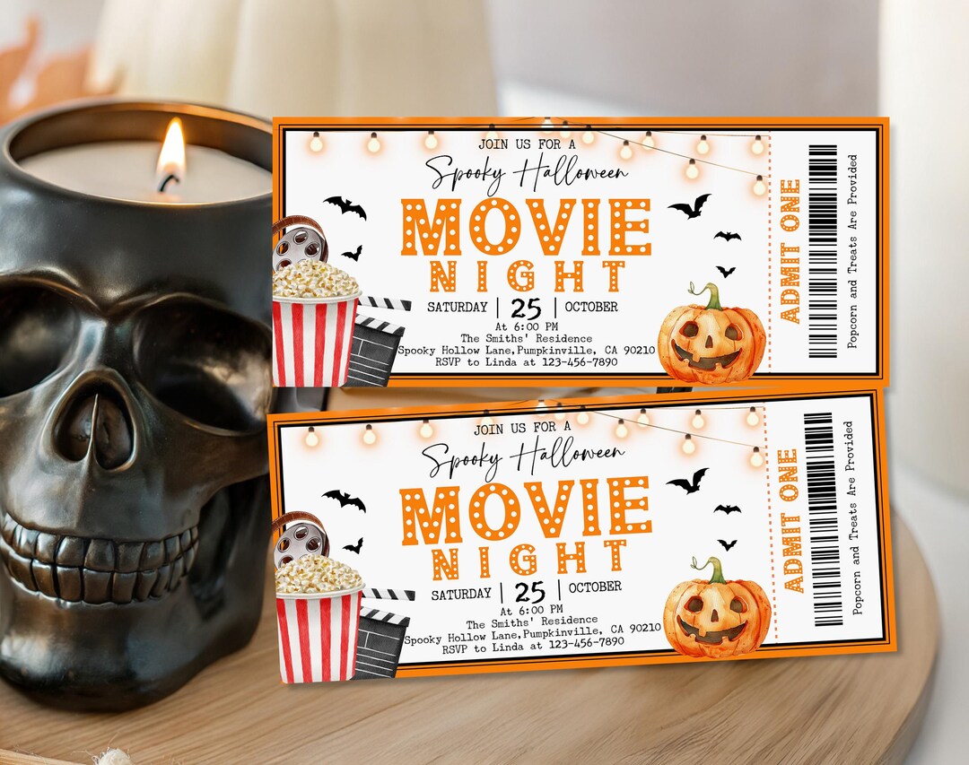 Halloween Movie Night Ticket Invitation (editable Printable Template ...