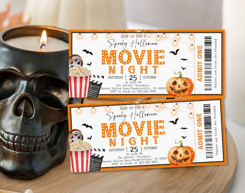 Halloween Movie Night Ticket Invitation (editable Printable Template ...