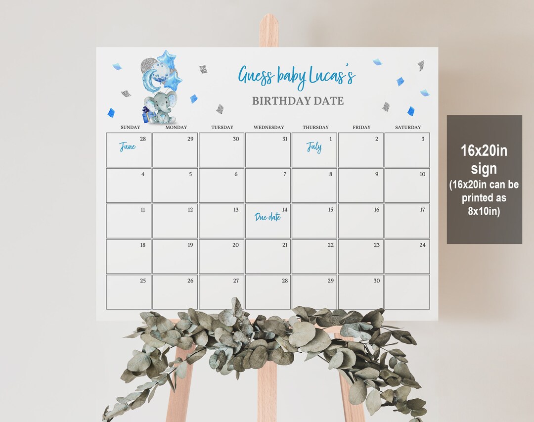 Editable Blue Elephant Baby Shower Due Date Calendar Blue Silver ...