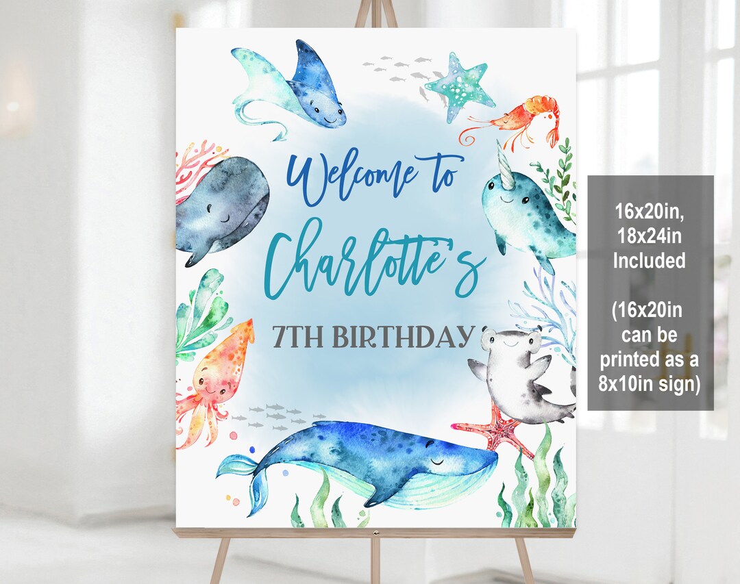 Under the Sea Birthday Welcome Sign Blue Grey Poster Ocean - Etsy