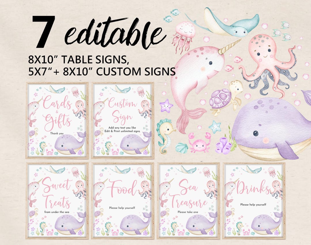 Under the Sea Party Table Signs - Editable Pink and Purple Decor Bir463 ...