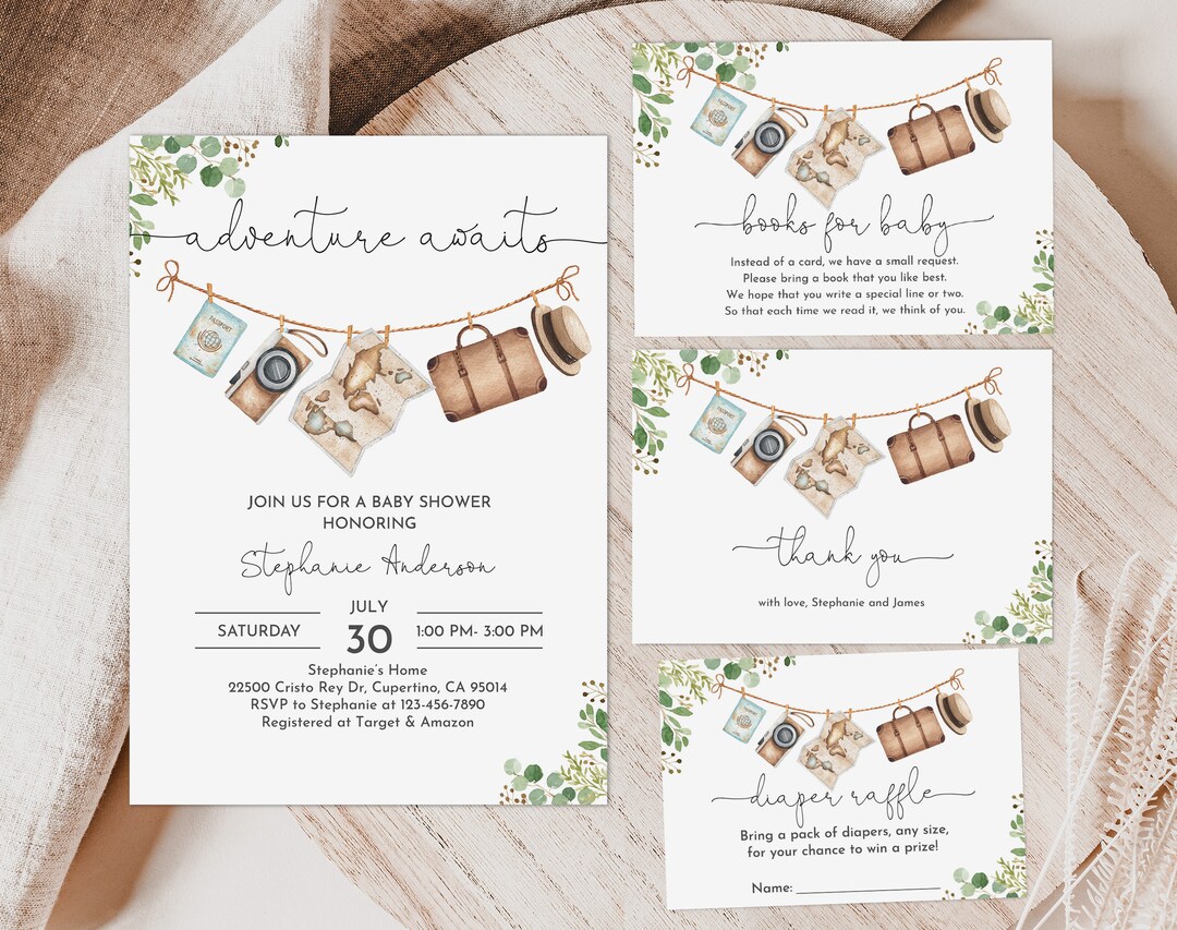 Adventure Awaits Baby Shower Invitation Set Editable Travel Invite Pack ...