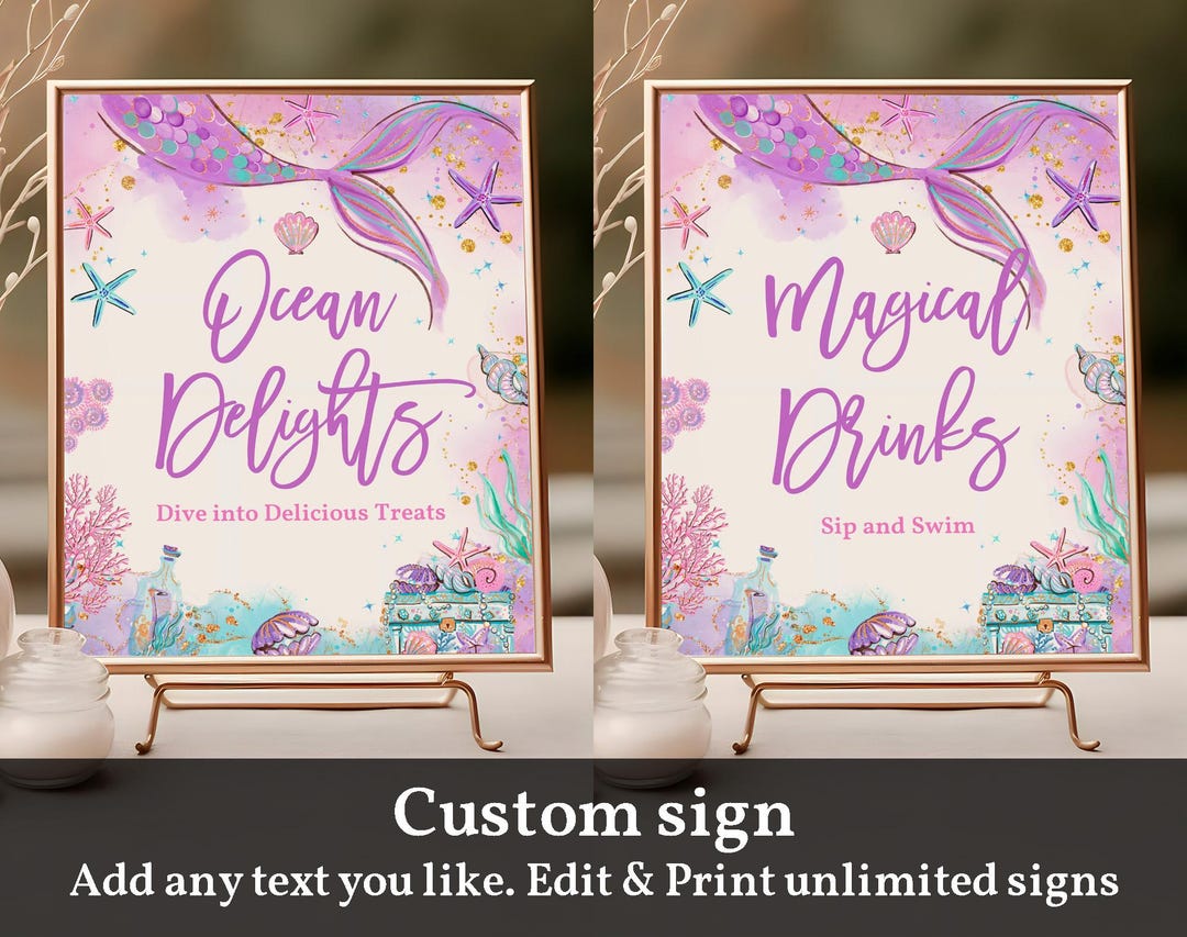 EDITABLE Mermaid Custom Sign Sea Birthday Party Table Sign Purple Pink ...