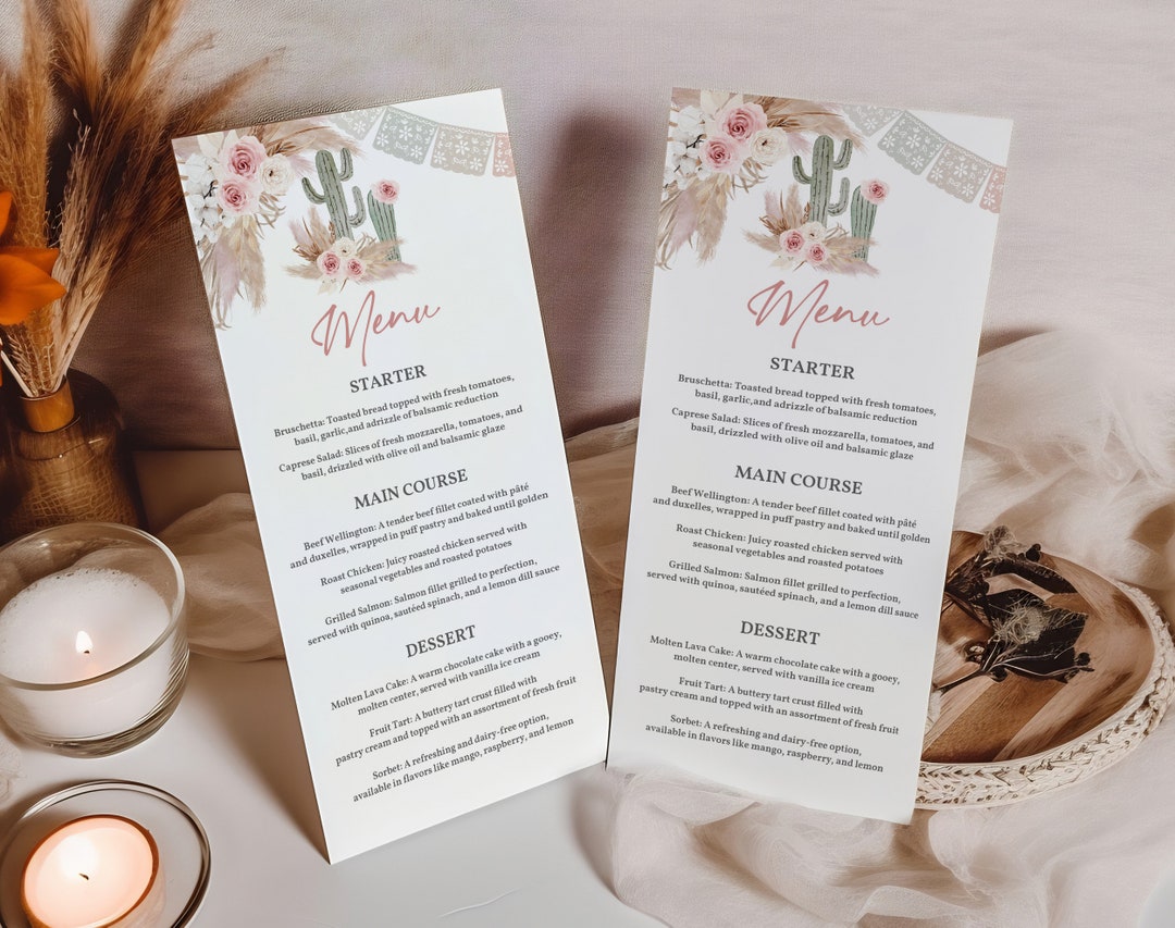 Fiesta Mexican Theme Menu Template Cactus Bridal Shower Wedding Menu ...