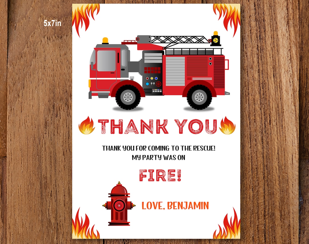 Fire Truck Thank You Card 5x7in, 4x6in Printable Firefighter Birthday ...
