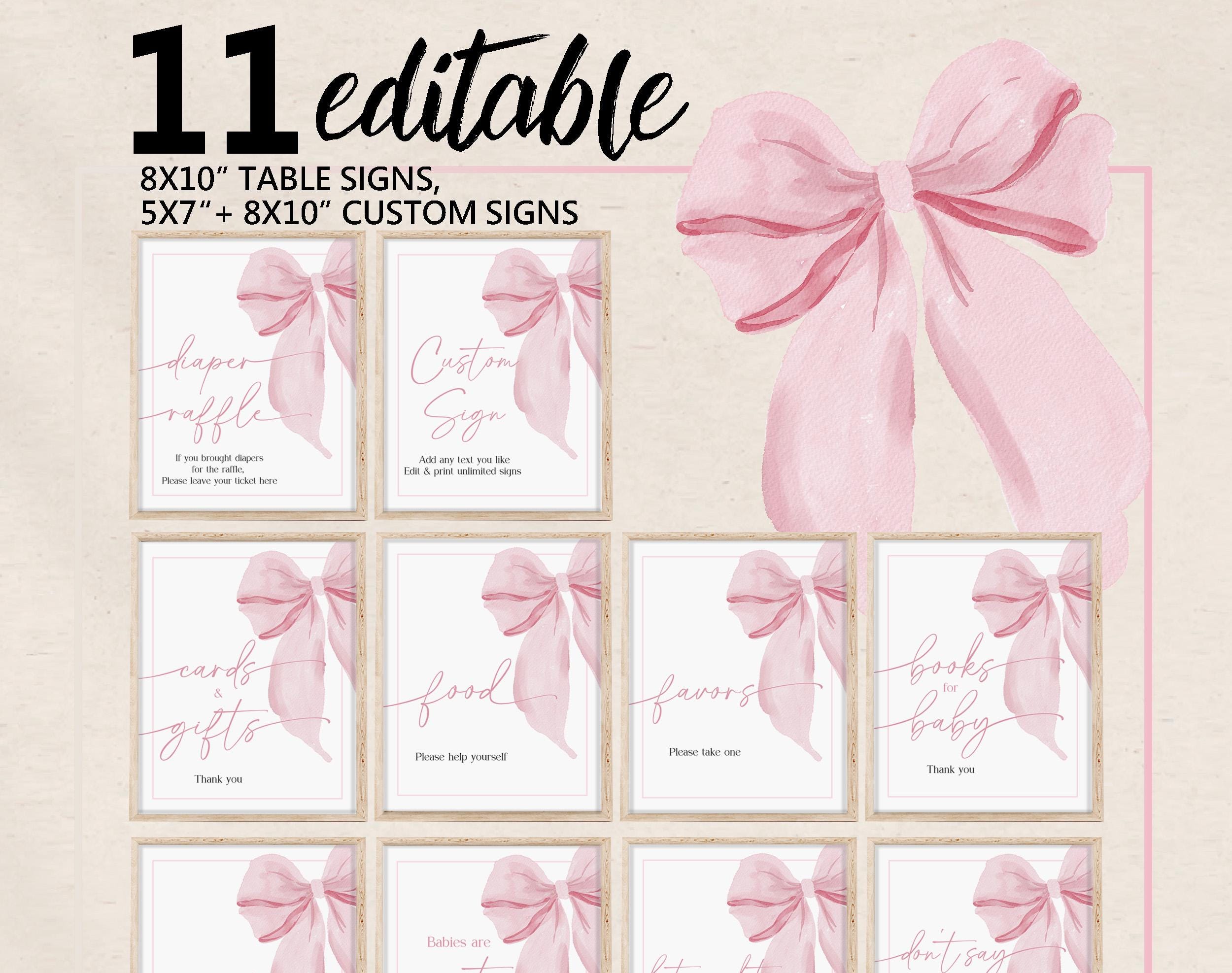 Baby Shower Signs Pink Bow Bundle, Dusty Rose Minimalist (editable ...